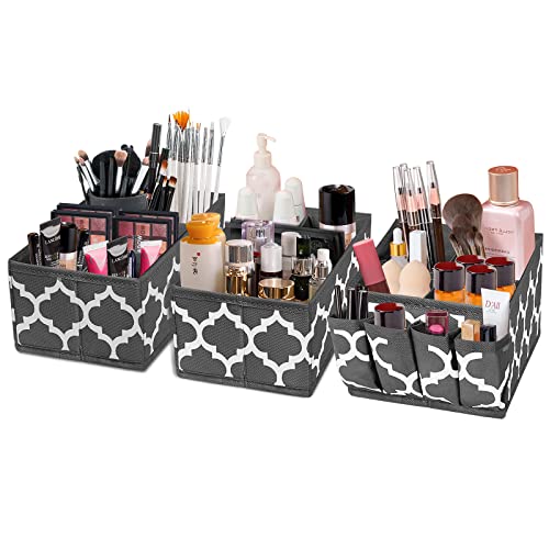 homyfort Cosmetic Storage Basket Makeup Organizer, Multifunction DIY Adjustable Brush Holder Organizer Box Bins for Vanity, Bathroom Counter or Dresser, Set of 3 Grey