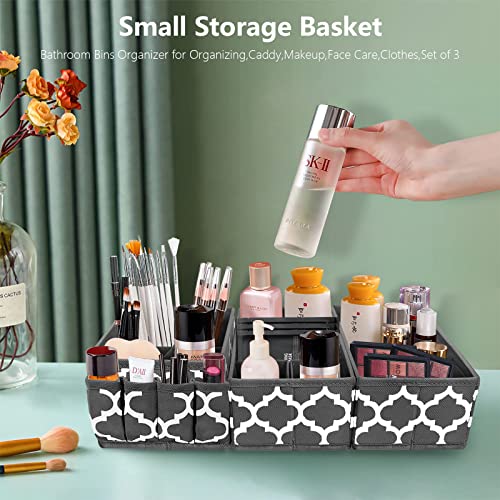 homyfort Cosmetic Storage Basket Makeup Organizer, Multifunction DIY Adjustable Brush Holder Organizer Box Bins for Vanity, Bathroom Counter or Dresser, Set of 3 Grey