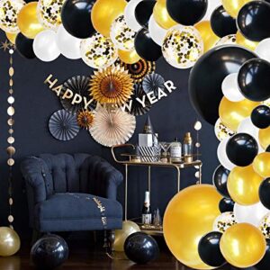 RUBFAC 192pcs Black and Gold Balloon Garland Arch Kit, Black White and Gold Balloons for Halloween Graduation Birthday Party Decorations