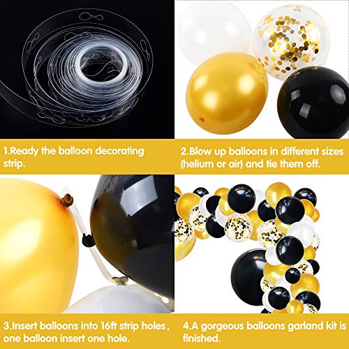 RUBFAC 192pcs Black and Gold Balloon Garland Arch Kit, Black White and Gold Balloons for Halloween Graduation Birthday Party Decorations