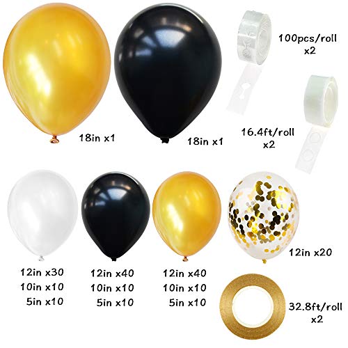 RUBFAC 192pcs Black and Gold Balloon Garland Arch Kit, Black White and Gold Balloons for Halloween Graduation Birthday Party Decorations