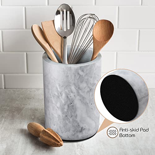 Flexzion Kitchen Tool Crock Utensil Holder and Wine Cooler Chiller, Natural White Marble 5" x 7" Inch, Unique One-Of-A-Kind Pattern Stone Container for Spoon, Spatula, Wine Bottle Holder Creative Home