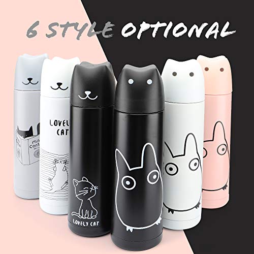 DIFFLIFE Cute Water Bottle For School, Vacuum Insulated Stainless Steel Thermos Mug，2019 New Cute Animals Insulation Bottle (White Cat) (YUNDA)