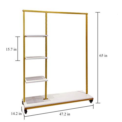 FONECHIN Metal Clothes Garment Racks with 4 Wood Storage Shelves and Hanging Bar Heavy Duty Free Standing Clothing Rack Large Closet Organizer for Boutique 47"