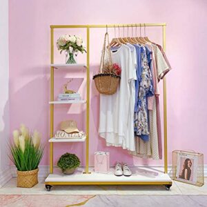 FONECHIN Metal Clothes Garment Racks with 4 Wood Storage Shelves and Hanging Bar Heavy Duty Free Standing Clothing Rack Large Closet Organizer for Boutique 47"