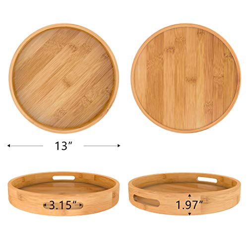 Zhuoyue Round Serving Tray with Handles - Wood Bamboo Decorative Tray for Ottoman, Coffee Table Circle Tray for Food, Cocktail, Drink