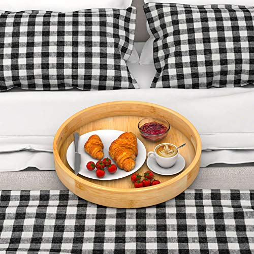 Zhuoyue Round Serving Tray with Handles - Wood Bamboo Decorative Tray for Ottoman, Coffee Table Circle Tray for Food, Cocktail, Drink