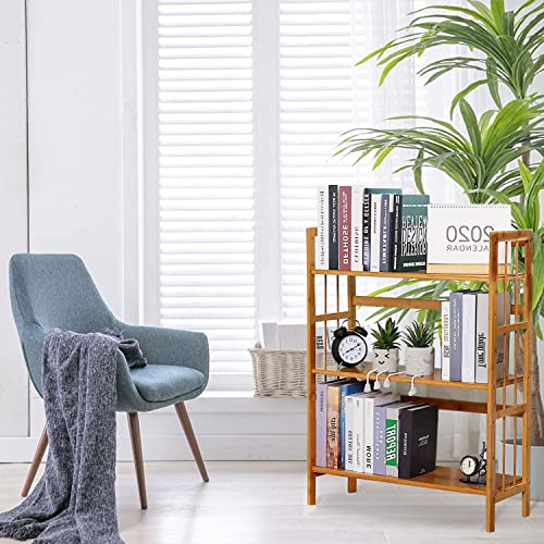 C&AHOME Bamboo Shelf, 3-Tier Bookshelf Bookcase, Free-Standing Storage Shelf, Plant Flower Stand, Max Load 35LBS Per Shelf, Utility Shelf Rack for Living Room Bathroom Kitchen Home Natural