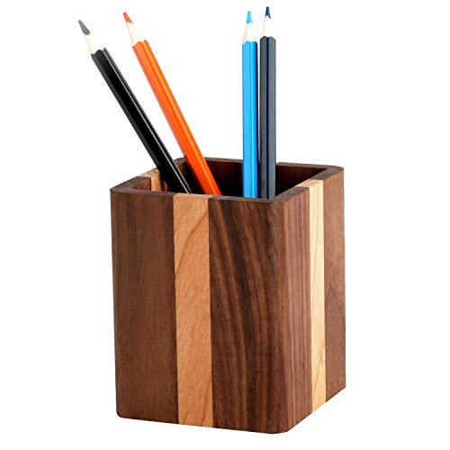 YOYAI Natural Wood Desk Pen Holder Pencil Organizer Desktop Office Pencils Stand Holder Simple(Cherry center walnut side)