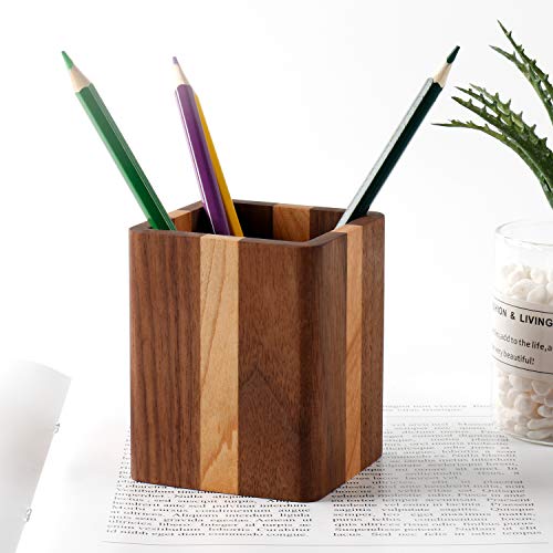 YOYAI Natural Wood Desk Pen Holder Pencil Organizer Desktop Office Pencils Stand Holder Simple(Cherry center walnut side)