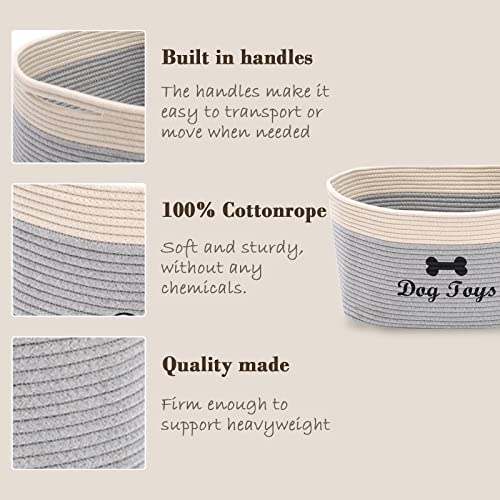 Morezi Soft Rope Dog Toy Basket with Handle, Large Dog bin, pet Bed, pet Toy Box- Perfect for organizing pet Toys, Blankets, leashes - GreyWhite