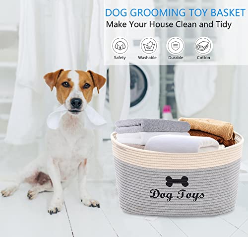 Morezi Soft Rope Dog Toy Basket with Handle, Large Dog bin, pet Bed, pet Toy Box- Perfect for organizing pet Toys, Blankets, leashes - GreyWhite