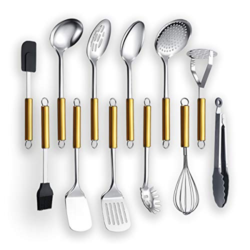 Cooking Utensil Set 12 Piece, Kyraton Stainless Steel Gold Handle Kitchen Utensil Set Kitchen Tool Set Include Cooking Spoon, Ladle, Skimmer, Potato Masher, Spatulas ect. (12pcs)