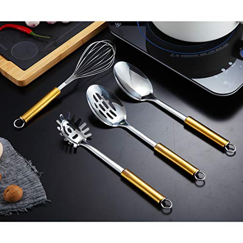 Cooking Utensil Set 12 Piece, Kyraton Stainless Steel Gold Handle Kitchen Utensil Set Kitchen Tool Set Include Cooking Spoon, Ladle, Skimmer, Potato Masher, Spatulas ect. (12pcs)