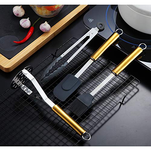 Cooking Utensil Set 12 Piece, Kyraton Stainless Steel Gold Handle Kitchen Utensil Set Kitchen Tool Set Include Cooking Spoon, Ladle, Skimmer, Potato Masher, Spatulas ect. (12pcs)