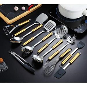 Cooking Utensil Set 12 Piece, Kyraton Stainless Steel Gold Handle Kitchen Utensil Set Kitchen Tool Set Include Cooking Spoon, Ladle, Skimmer, Potato Masher, Spatulas ect. (12pcs)