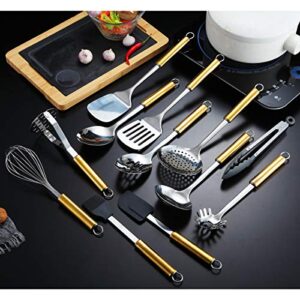 Cooking Utensil Set 12 Piece, Kyraton Stainless Steel Gold Handle Kitchen Utensil Set Kitchen Tool Set Include Cooking Spoon, Ladle, Skimmer, Potato Masher, Spatulas ect. (12pcs)