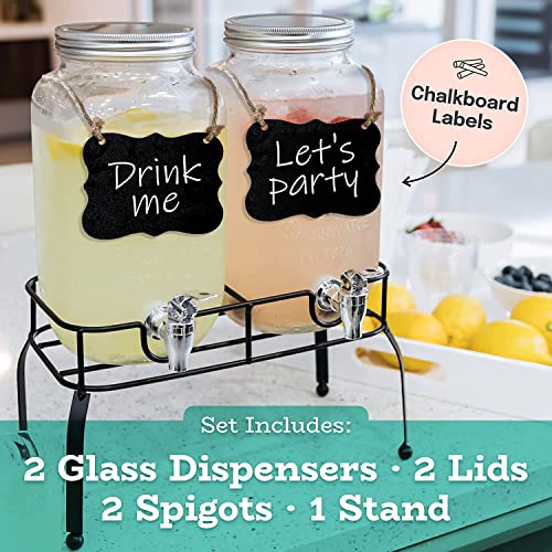 Estilo Glass Drink Dispenser with Stand - Set of 2-1 Gallon Glass Jar Beverage Dispensers for Parties, Glass Water Dispenser Countertop for Weddings, Sun Tea Jar, Lemonade, Laundry Detergent Dispenser