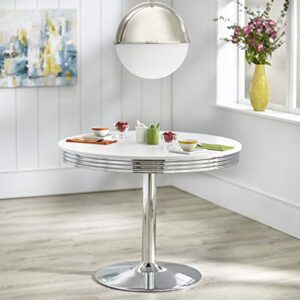 Target Marketing Systems Raleigh Modern Retro Style Chrome Plated Metal Round Dining Table, 39.4", White