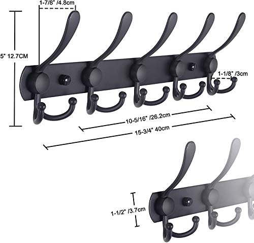 VASGOR 2pcs Heavy Duty Wall Mount Coat Hook, Stainless Steel Rack of 5 Tri Hooks for Coats, Towels, Purse Robes Keys and Hats Multi Purpose for Kitchen, Bedroom, Bathroom, Entryway (Black)