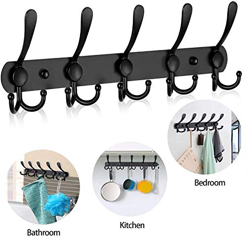 VASGOR 2pcs Heavy Duty Wall Mount Coat Hook, Stainless Steel Rack of 5 Tri Hooks for Coats, Towels, Purse Robes Keys and Hats Multi Purpose for Kitchen, Bedroom, Bathroom, Entryway (Black)