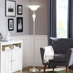 Catalina 72" Traditional Torchiere Floor Lamp Detail Accent and Glass Shades, Brushed Nickel