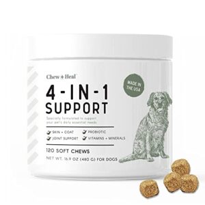 chew + heal all in 1 dog vitamin - 120 soft chew treats - chewable multivitamin with probiotics, digestive enzymes, for skin and coat, hip and joint support - with omega, calcium - made in the usa