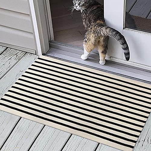 Black/White Striped Outdoor Rug 2' x 3', KIMODE Cotton Hand Woven Welcome Entryway Doormat, Washable Front Door Mats for Porch/Kitchen/Farmhouse