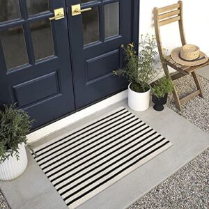 Black/White Striped Outdoor Rug 2' x 3', KIMODE Cotton Hand Woven Welcome Entryway Doormat, Washable Front Door Mats for Porch/Kitchen/Farmhouse