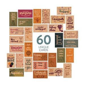 diversebee 60 pack assorted inspirational kraft cards - motivational kindness mini note cards, encouragement affirmation card set, 60 unique motivational quotes - business card size and blank back (kraft)