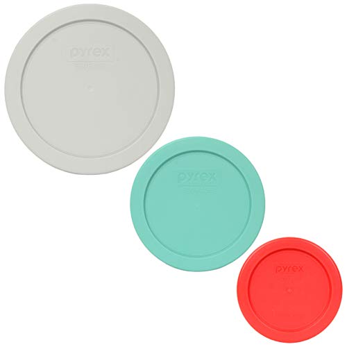 Pyrex (1) 7201-PC Sleek Silver, (1) 7200-PC Sea Glass & (1) 7202-PC Red Round Plastic Food Storage Replacement Lids, Made in USA