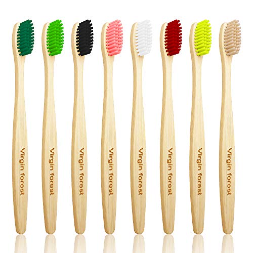 Virgin Forest Bamboo Toothbrush, Biodegradable Toothbrush, Eco Friendly Natural Wooden Toothbrushes, Vegan Organic Bamboo Charcoal Tooth Brush for Sensitive Gums Medium Bristle Set of 8 Color