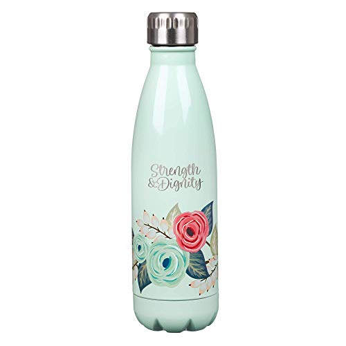 Christian Art Gifts Stainless Steel Double Wall Vacuum Insulated Laser Engraved Water Bottle: Strength & Dignity Inspirational Bible Verse for Hot & Cold Beverages, Mint Green Floral, 17 oz.