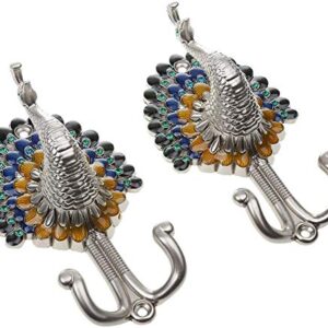 2pcs Peacock Metal Double Hanger Hook Double Head Wall-Mounted Coat Towel Hanger Hook - Silver