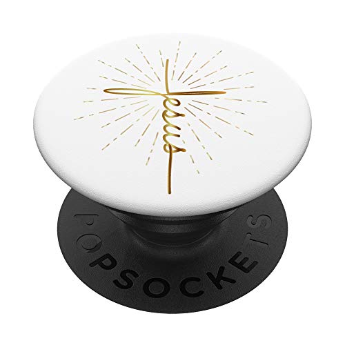 Yellow Beige Jesus Word Cross A Sunburst On White Background PopSockets Grip and Stand for Phones and Tablets