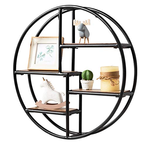 Tangkula Round Wall Shelf, Wall-Mounted Circular Shelf, Wood & Iron Wall Hanging Shelves, 4-Tier Circle Shelf Wall Decor for Home Office, Circular Floating Shelves (1, Black)