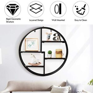 Tangkula Round Wall Shelf, Wall-Mounted Circular Shelf, Wood & Iron Wall Hanging Shelves, 4-Tier Circle Shelf Wall Decor for Home Office, Circular Floating Shelves (1, Black)