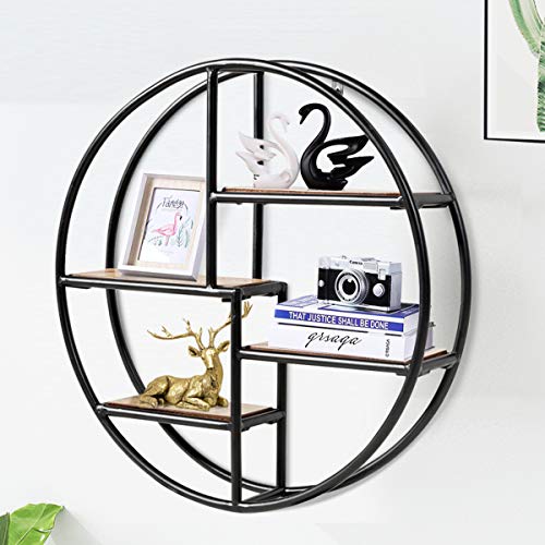 Tangkula Round Wall Shelf, Wall-Mounted Circular Shelf, Wood & Iron Wall Hanging Shelves, 4-Tier Circle Shelf Wall Decor for Home Office, Circular Floating Shelves (1, Black)