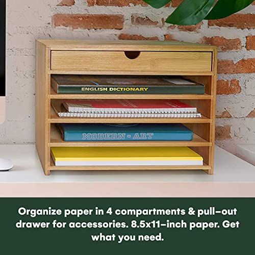 Prosumer's Choice Bamboo Four Cubby Paper Letter Tray Organizer with Single Pull-Out Drawer for Home and Office | Desktop Organizer with Drawer - Natural Bamboo Color