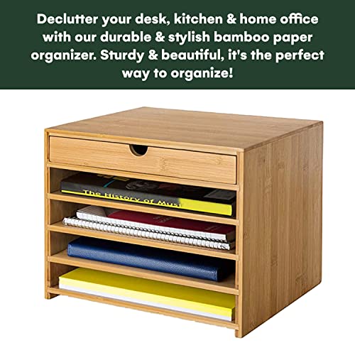 Prosumer's Choice Bamboo Four Cubby Paper Letter Tray Organizer with Single Pull-Out Drawer for Home and Office | Desktop Organizer with Drawer - Natural Bamboo Color