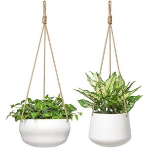 mkono ceramic hanging planter of shallow 8 inch and deep 6 inch for indoor outdoor plants, set of 2 modern plant pot geometric porcelain hanging basket with polyester rope hanger for herbs ferns ivy