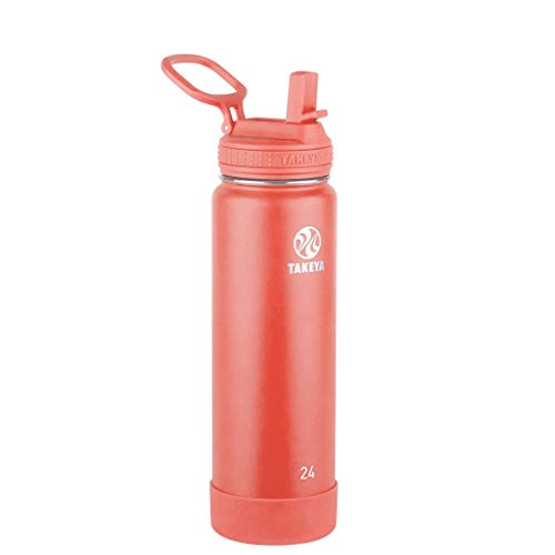 Takeya Actives Insulated Stainless Steel Water Bottle with Straw Lid, 24 Ounce, Coral