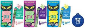 tiki cat stix wet mousse single-serve treats in 3-flavor bundle: 1 tuna and scallops, 1 duck and 1 chicken and shrimp (3 packs total, 6 stix per pack, 18 stix total) plus shaynanigans silicone lid