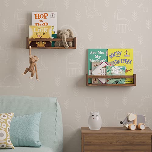 Wallniture Utah Wall Mount Kids Bookshelf Nursery Decor Floating Wall Shelf Photo Display Multiuse Toy Storage Organizer Burnt Wash Brown Set of 2