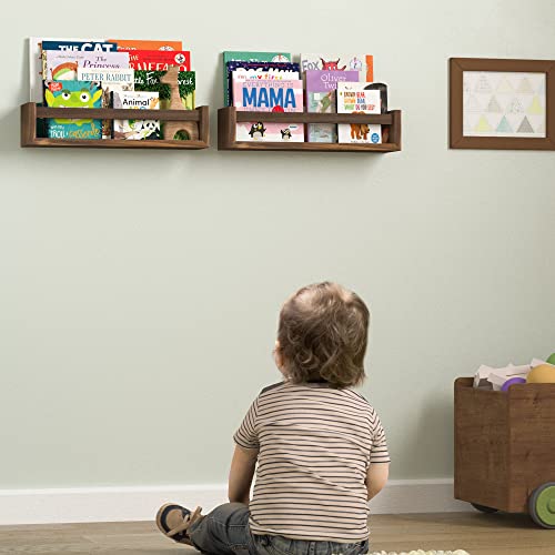 Wallniture Utah Wall Mount Kids Bookshelf Nursery Decor Floating Wall Shelf Photo Display Multiuse Toy Storage Organizer Burnt Wash Brown Set of 2