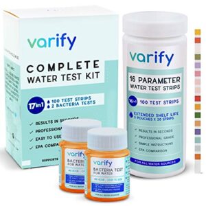 17 in 1 premium drinking water test kit - 100 strips + 2 bacteria tests - home water quality test - well and tap water - easy testing for lead, bacteria, hardness, fluoride, ph, iron, copper and more!