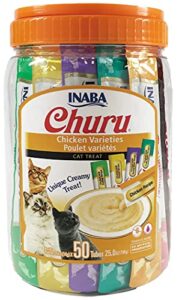 inaba churu cat treats, grain-free, lickable, squeezable creamy purée cat treat/topper with vitamin e & taurine, 0.5 ounces each tube, 50 tubes, chicken variety