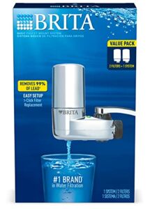 brita water filter for sink, faucet mount water filtration system for tap water, reduces 99% of lead, chrome