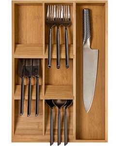 compact luxury bamboo silverware organizer - 17" x 11.25" bamboo utensil organizer for silverware and utensils - compact cutlery organizer fits most kitchen drawers - narrow utensil drawer organizer