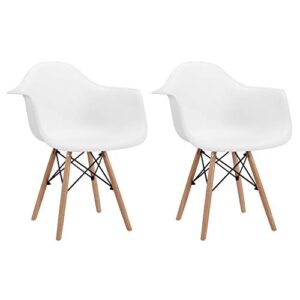 canglong natural wood legs mid century modern dsw molded shell lounge plastic arm chair for living, bedroom, kitchen, dining, waiting room,2 pcs pack- white, set of 2, white